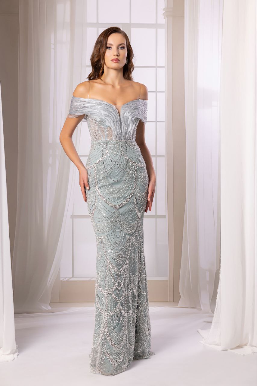 Odrella Off-the-Shoulder Embellished Silver Gown – Iconic The Boutique